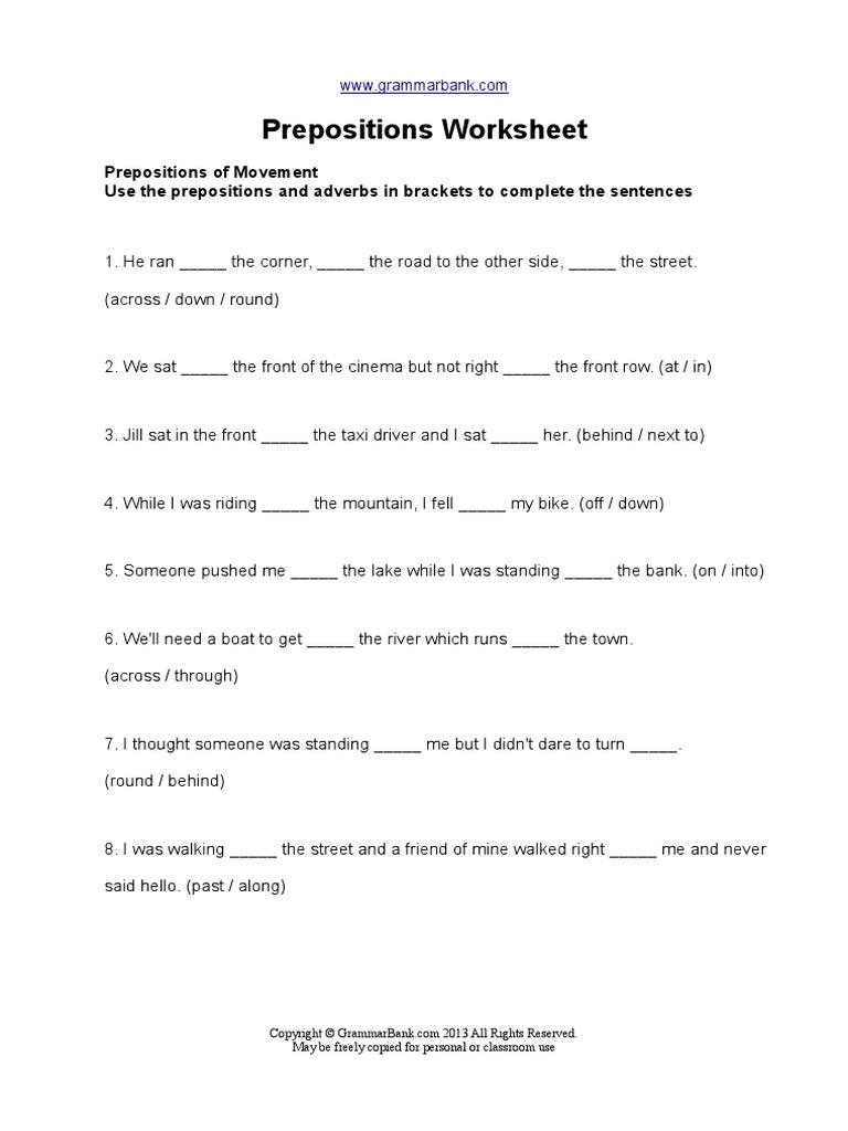 Prepositions Worksheet PDF | PDF