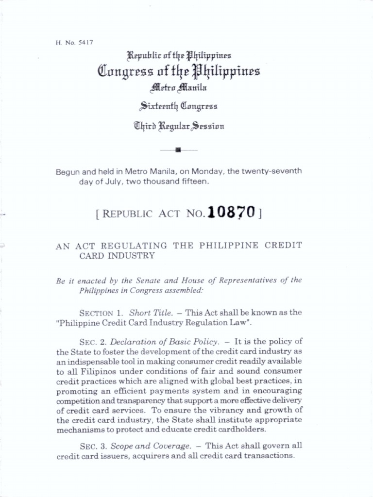 RA 10870 - Philippine Credit Card Industry Regulation Law PDF | PDF ...