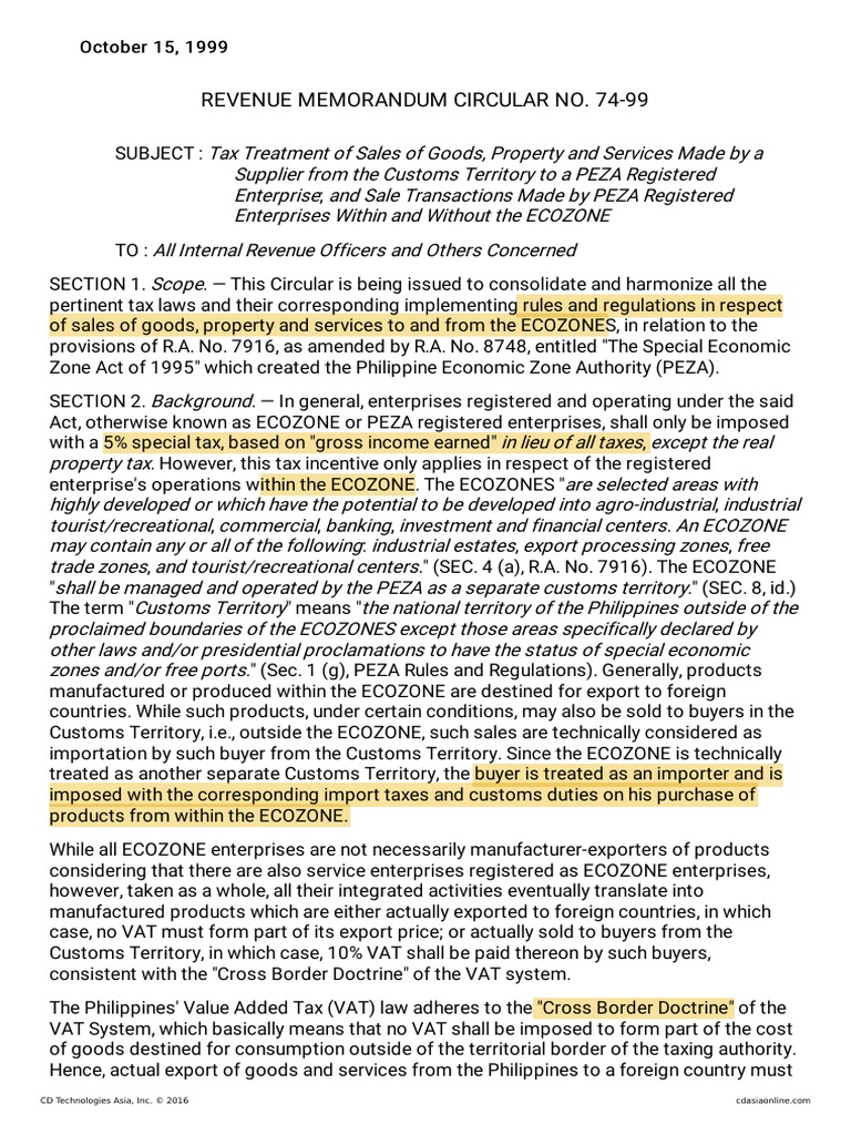 4 RMC 74-99 Peza PDF | PDF | Value Added Tax | Customs