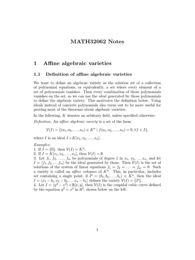MATH32062 Notes: 1.1 Definition of Affine Algebraic Varieties | PDF ...