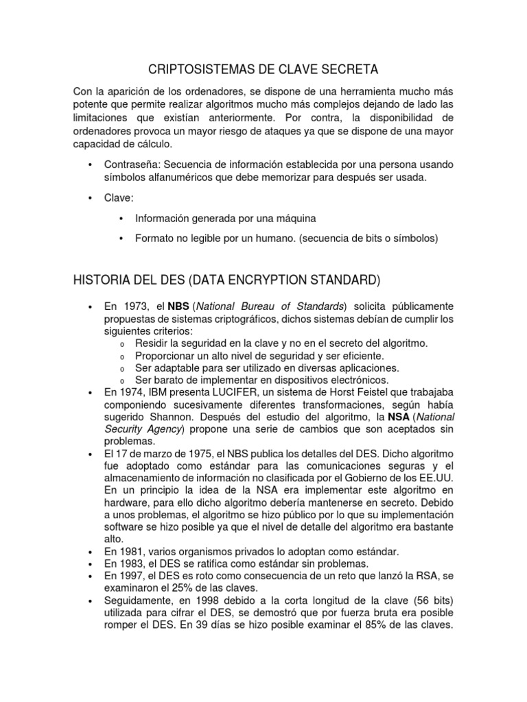 Criptosistemas de Clave Secreta | PDF | Clave (criptografía) | Criptografía