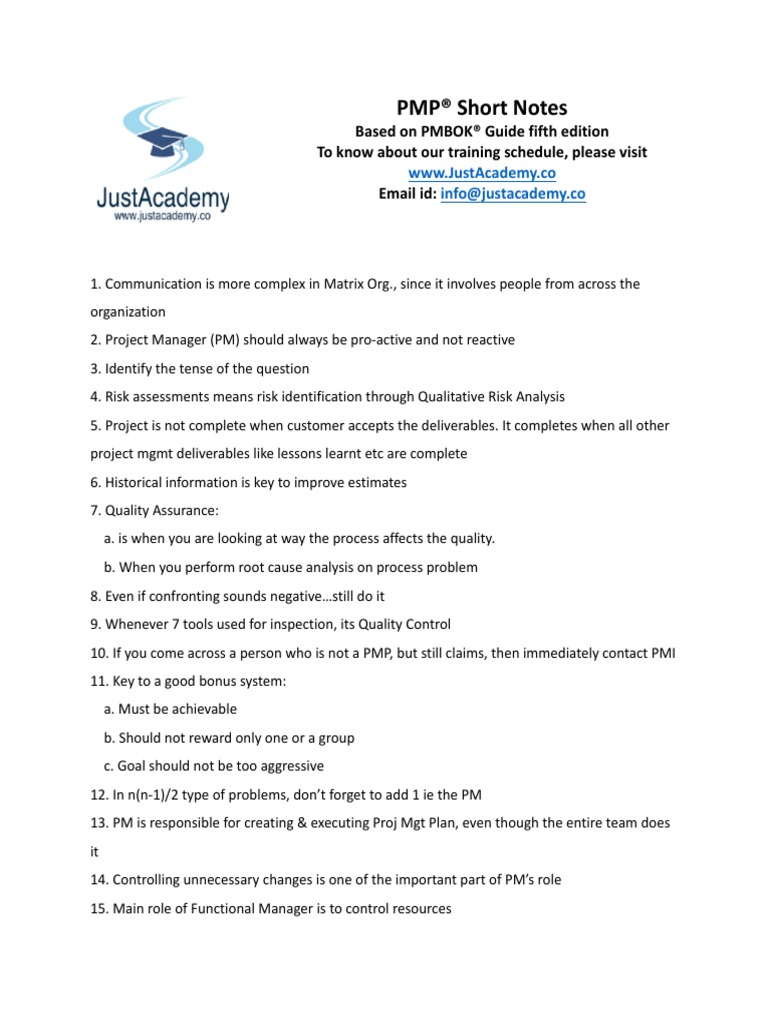 PMP® Short Notes: Based On PMBOK® Guide Fifth Edition To Know About Our ...