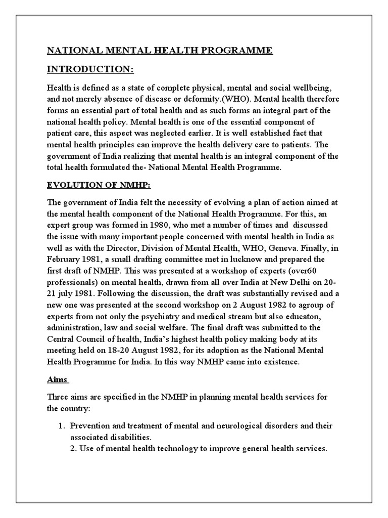 National Mental Health Programme: Evolution of NMHP | PDF | Psychiatry | Mental Health