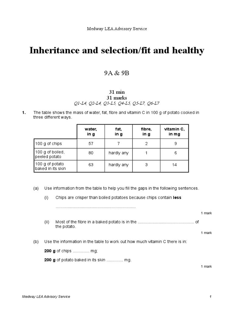 Year 9 - Inheritance and Selection - Fit and Healthy | PDF