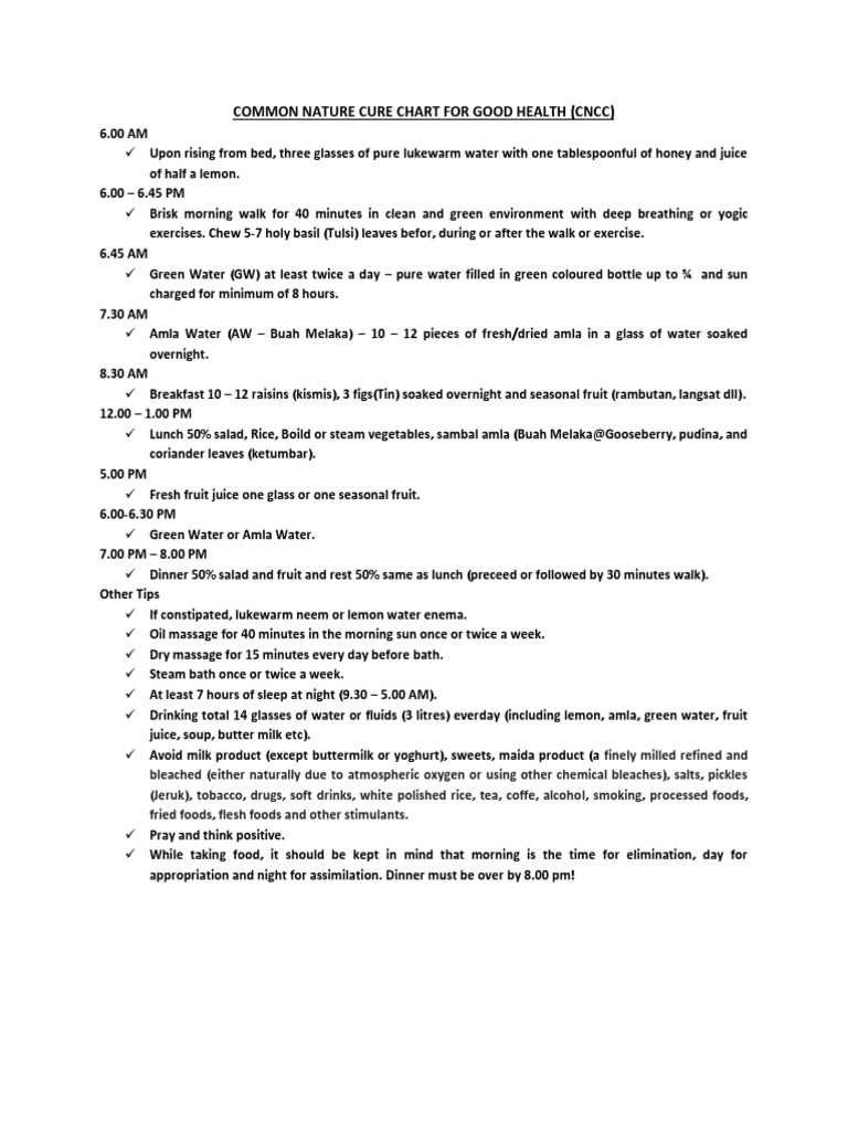 Common Nature Cure Chart For Good Health | PDF | Headache | Migraine