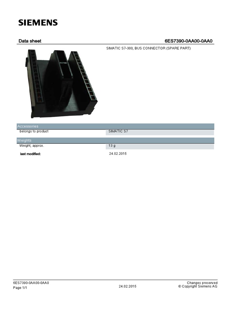 Data Sheet 6ES7390-0AA00-0AA0: Simatic S7-300, Bus Connector (Spare ...