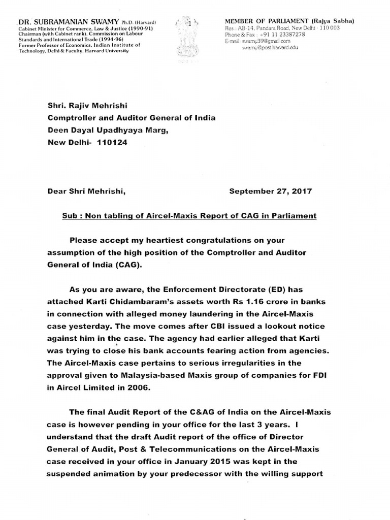 Subramanian Swamy's Letter To CAG Sept 27, 2017 | PDF