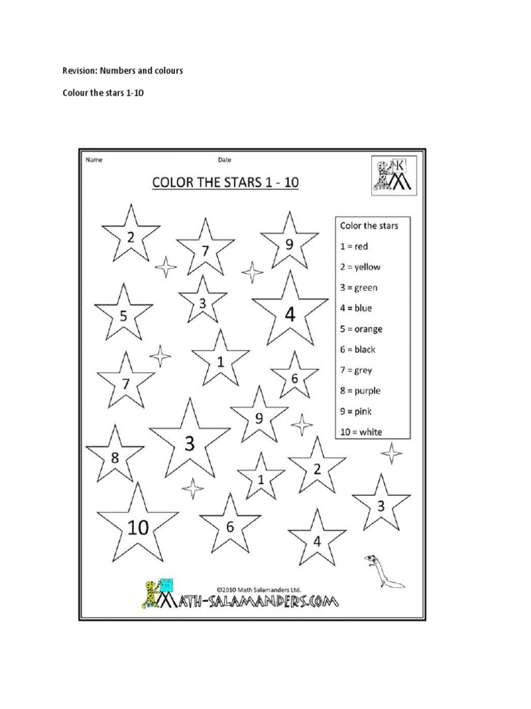 Revision: Numbers and Colours Colour The Stars 1-10 | PDF