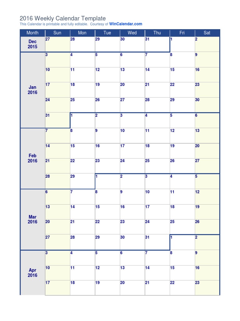 2016 Weekly Calendar Template: Month Sun Mon Tue Wed Thu Fri Sat | PDF ...