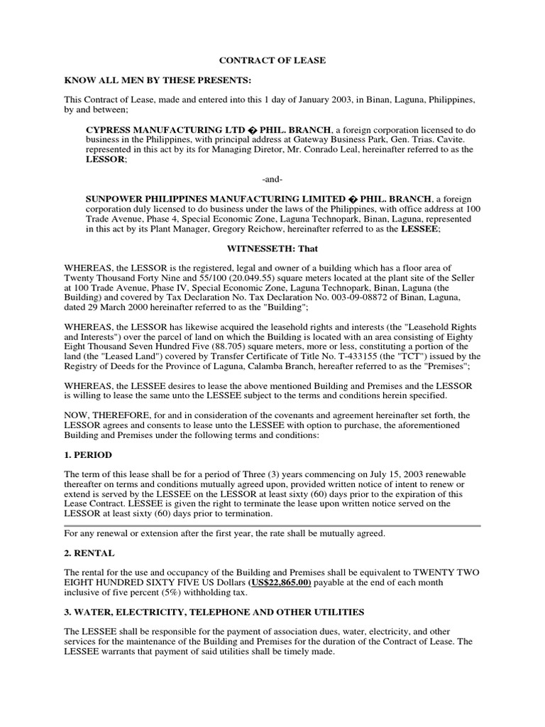 Contract of Lease - Sample | PDF | Lease | Civil Law (Legal System)