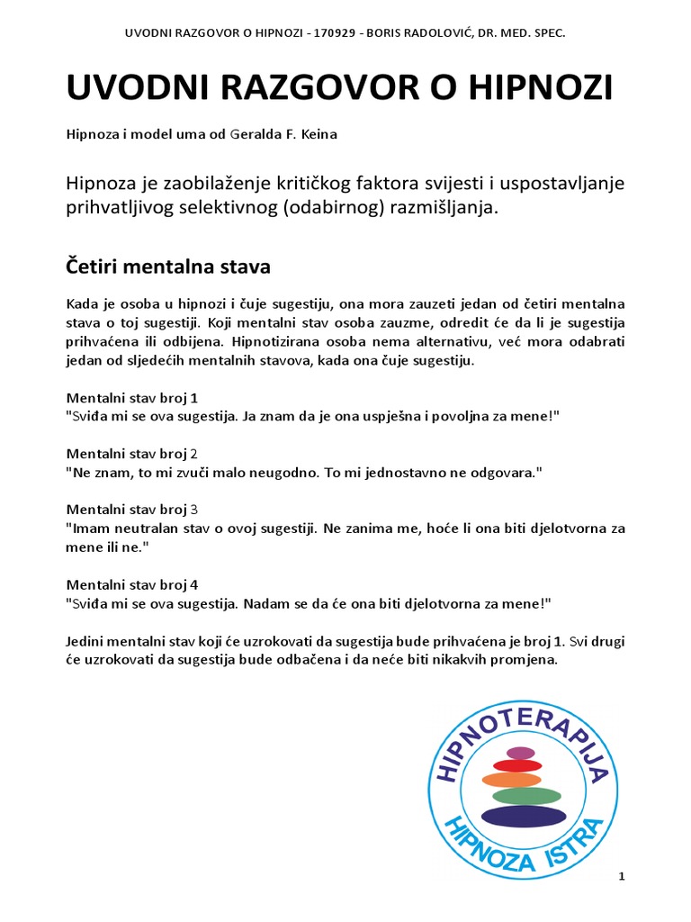 Hipnoza - Uvodni Razgovor o Hipnozi - GK-170929 | PDF