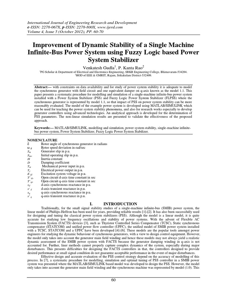 Improvement of Dynamic Stability of A Single Machine Infinite-Bus Power System Using Fuzzy Logic ...