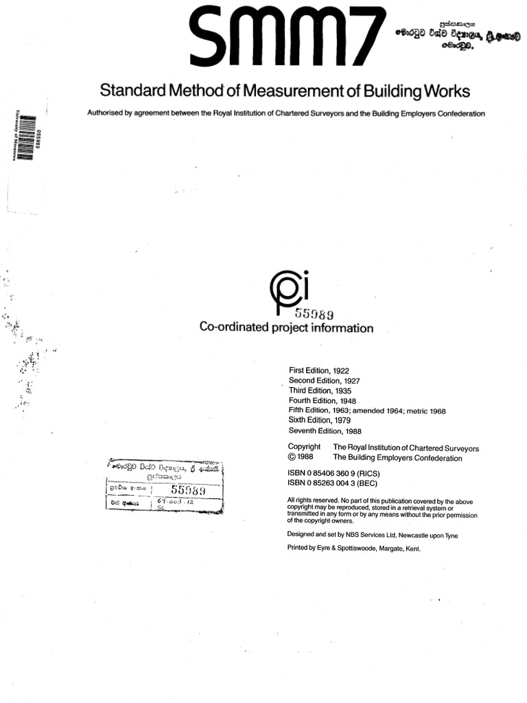 Standard Method of Measurement of Building Work (SMM7) - 7th Ed | PDF