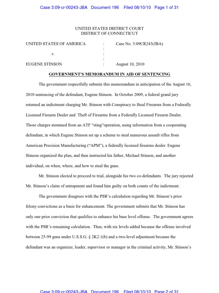 STINSON Eugene Govt Sentencing Memo | PDF | United States Federal ...