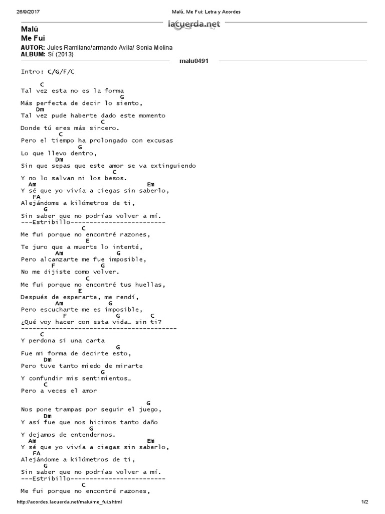 Malú, Me Fui - Letra y Acordes | PDF | Ocio | Entretenimiento (general)