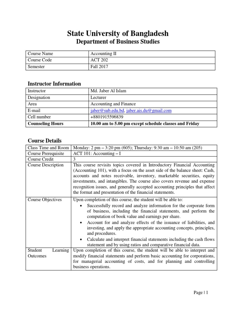 Accounting II Course Outline | PDF | Book Value | Cash Flow Statement