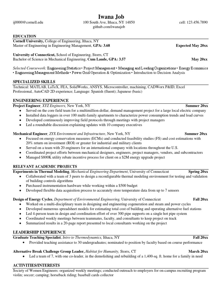 MENG Resume Template 2 | Engineering | Mechanical Engineering