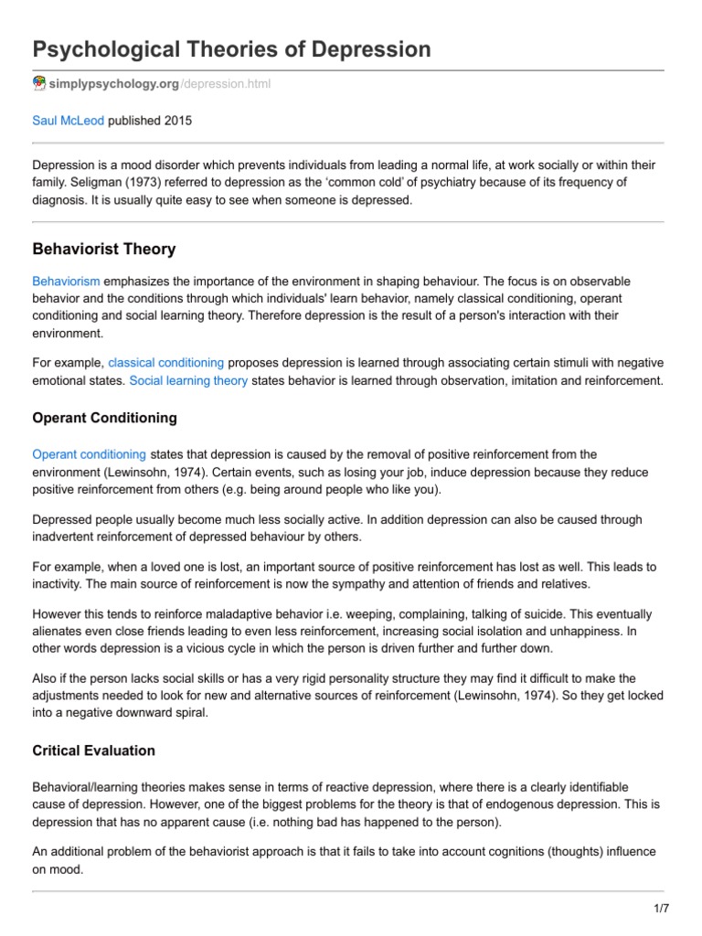 Lewinsohn's Behavioral Theory of Depression | PDF | Self Actualization ...
