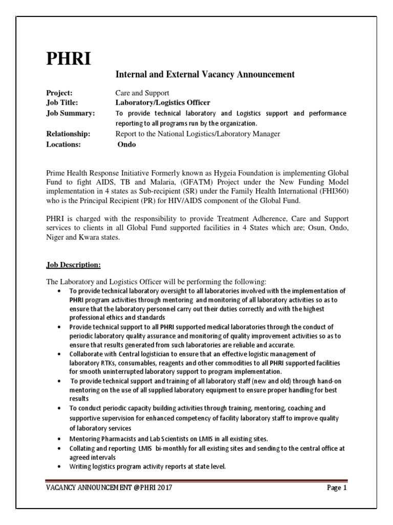 Internal and External Vacancy Announcement (Laboratory & Logistics ...
