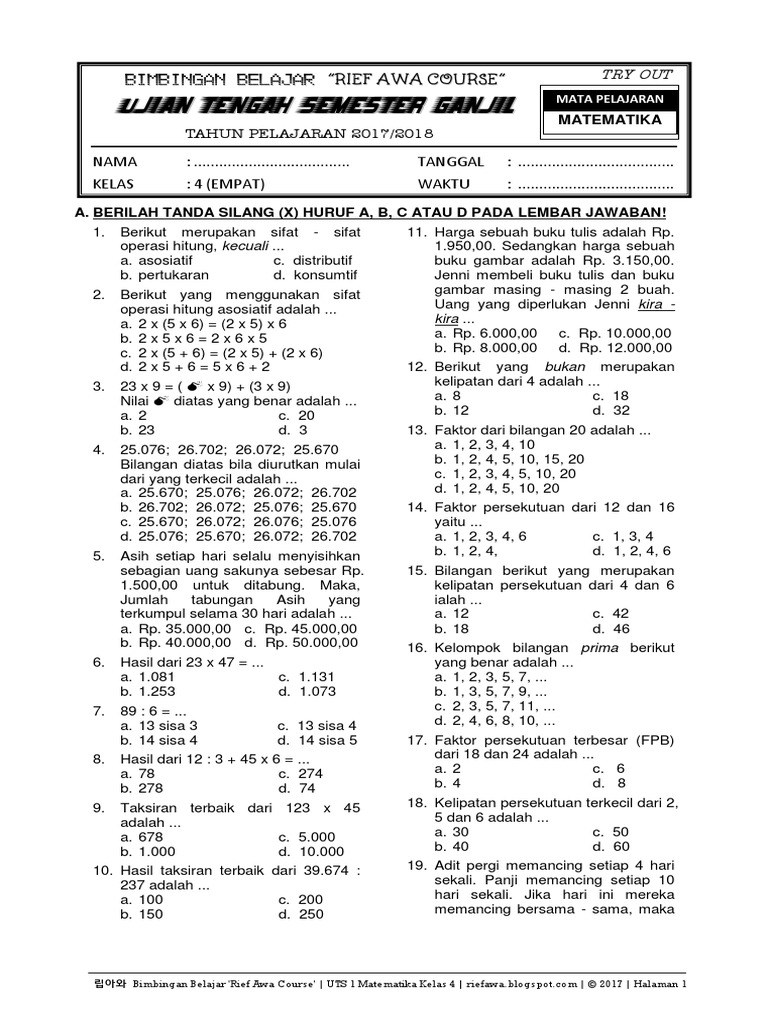 UTS Matematika Semester 1 2017-2018 - Kelas 4 | PDF