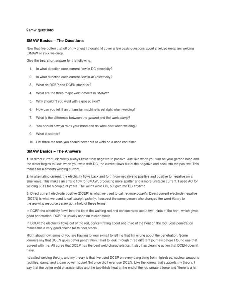 Samw Questions: SMAW Basics - The Questions | PDF