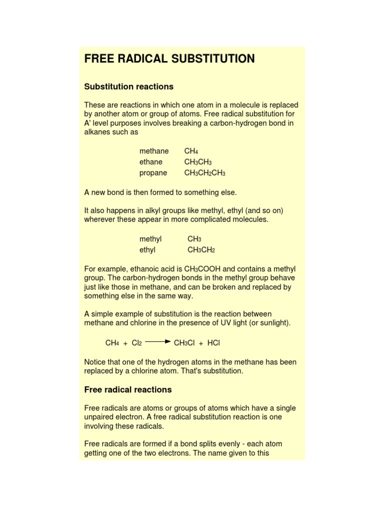 Free Radical Substitution | PDF | Radical (Chemistry) | Chemical Reactions