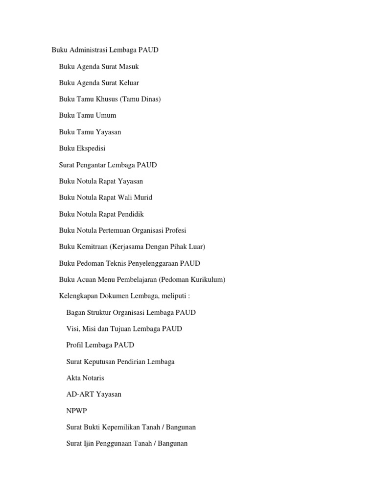 Buku Administrasi Lembaga PAUD | PDF