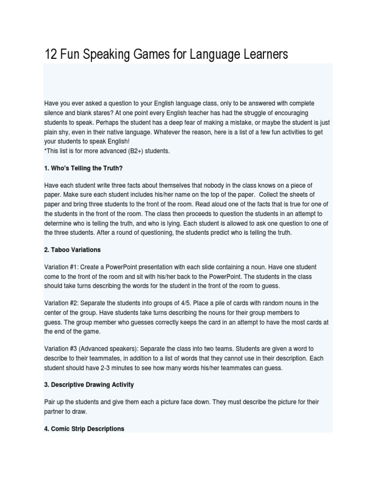 Fun Speaking Games for B2 Learners | PDF | Truth | Storytelling