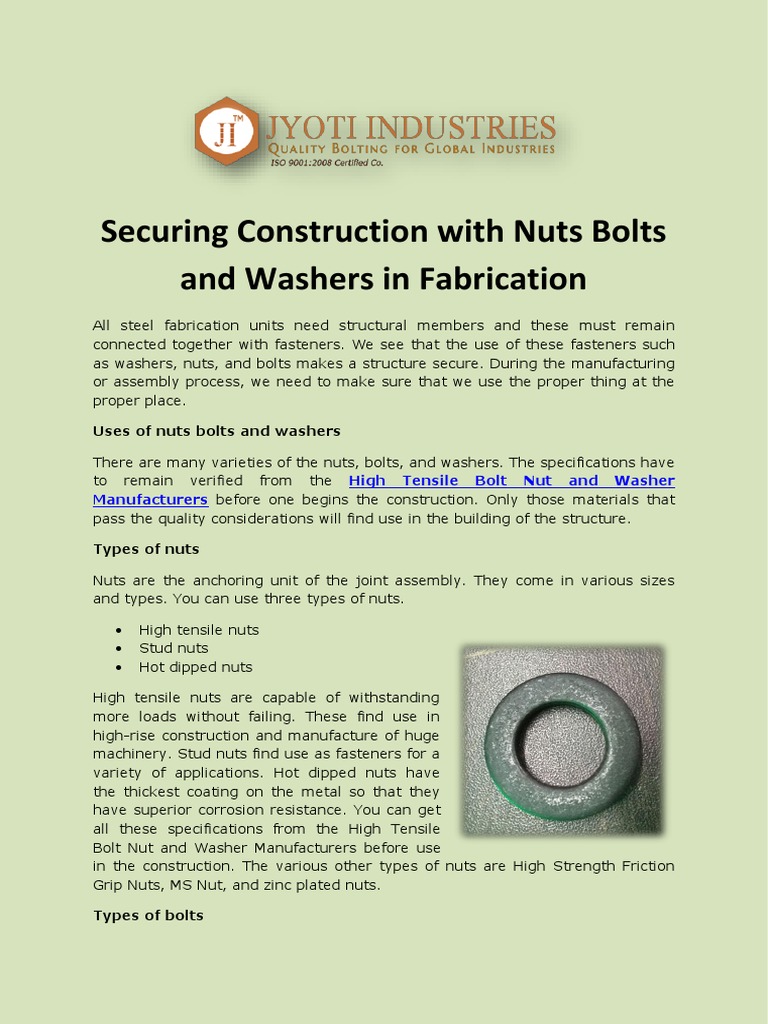 Securing Construction With Nuts Bolts | PDF | Nut (Hardware) | Screw