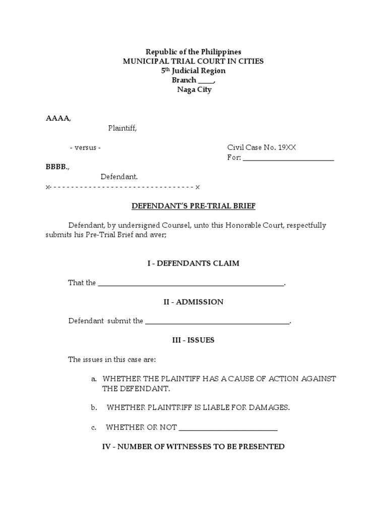 Sample Pre Trial Brief and Reply | Pleading | Lawsuit