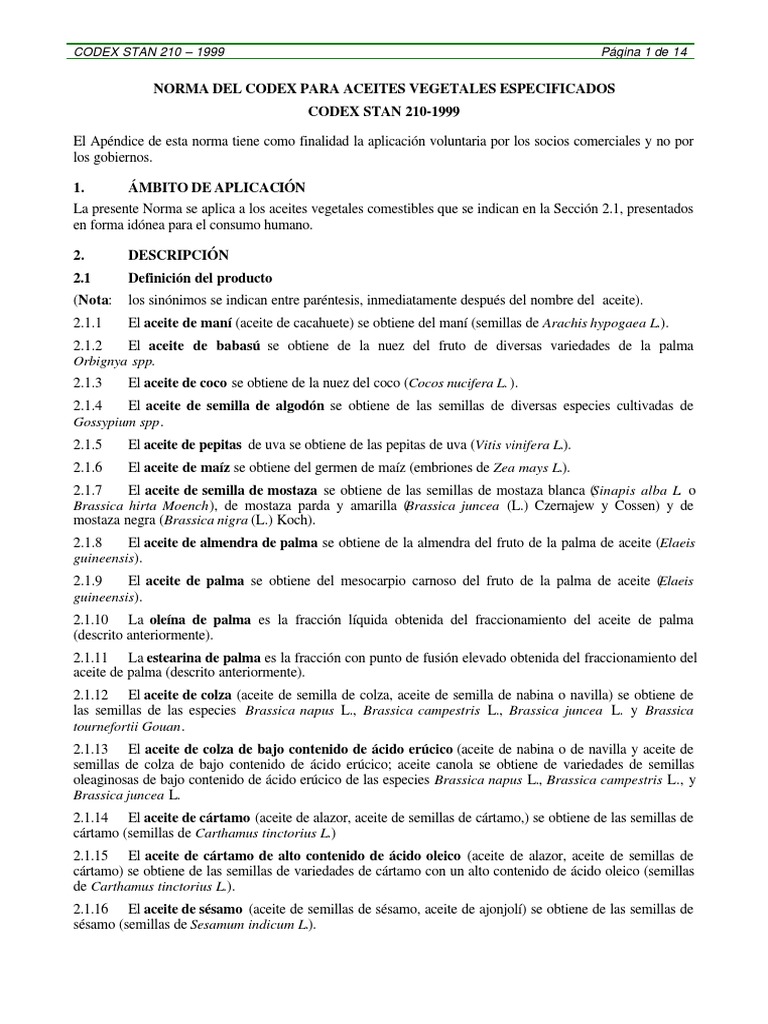 Codex Stan 210 Aceites Vegetales PDF | PDF