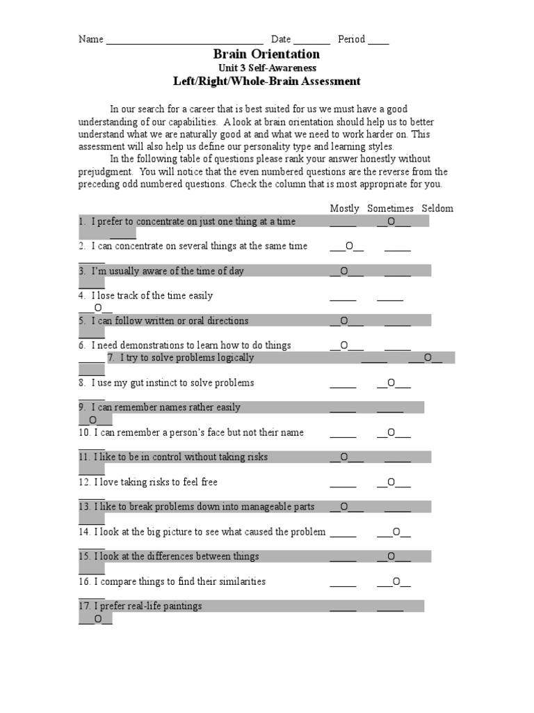 2017 CD 2 2 Brain Orientation Assessment | PDF | Learning Styles | Lateralization Of Brain Function