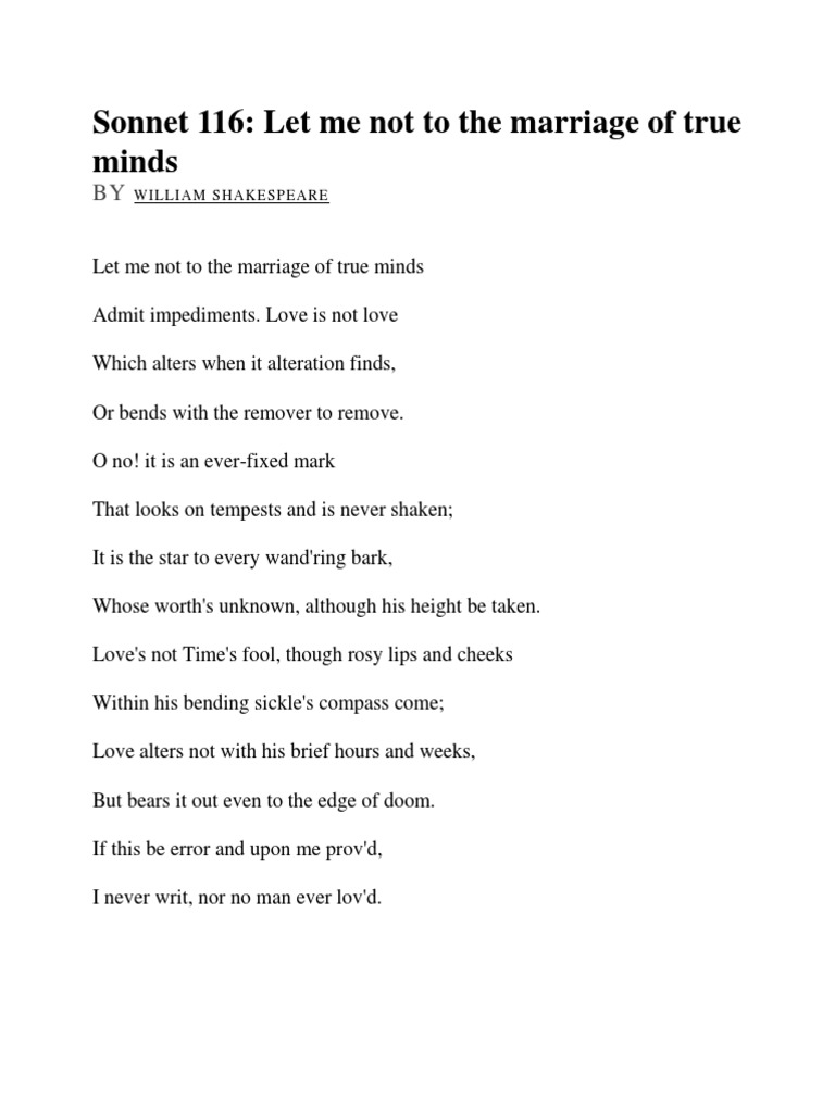 Sonnet 116: Let Me Not To The Marriage of True Minds: William ...