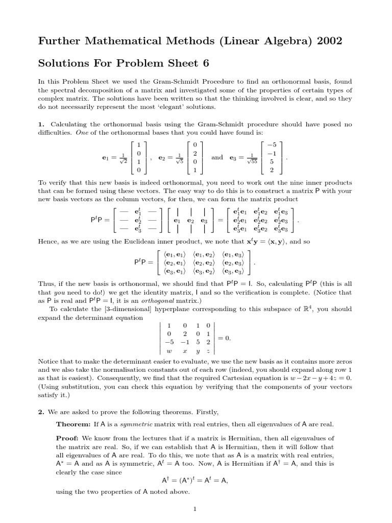 Further Mathematical Methods (Linear Algebra) 2002 Solutions For Problem Sheet 6 | PDF ...