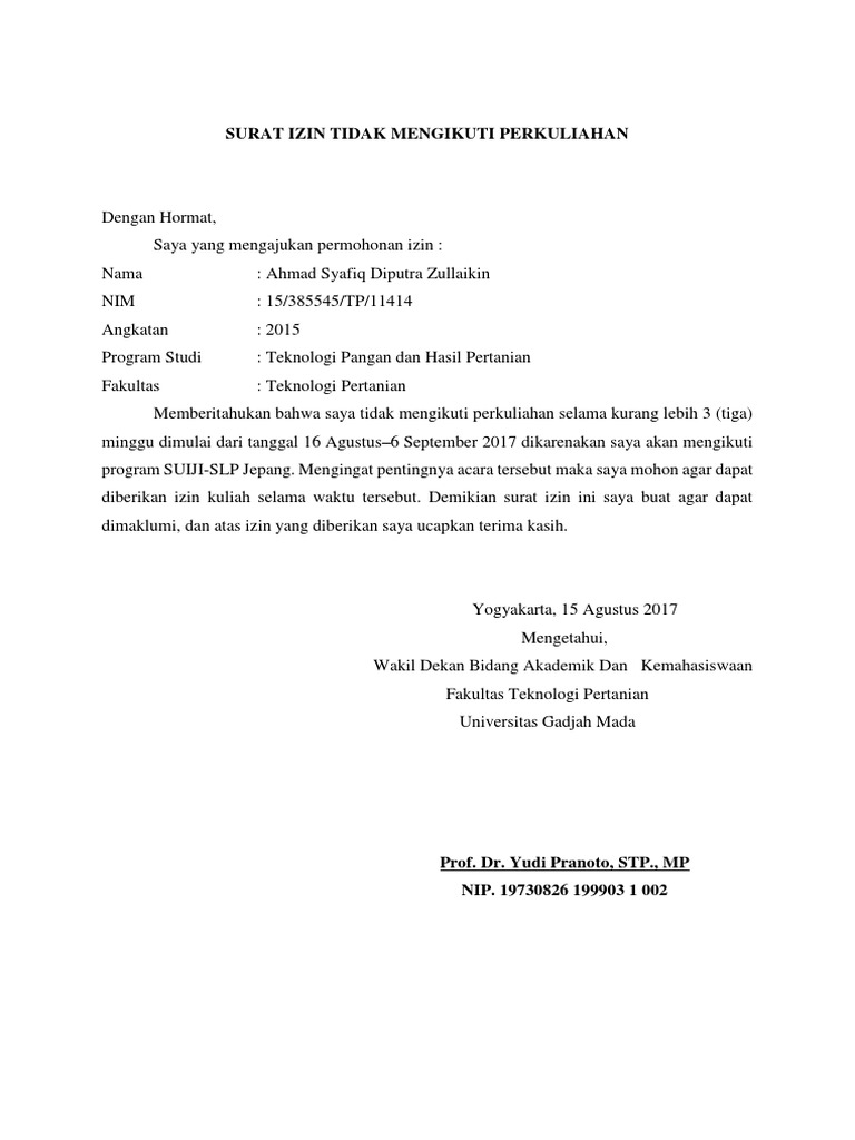 Surat Izin Tidak Mengikuti Perkuliahan | PDF