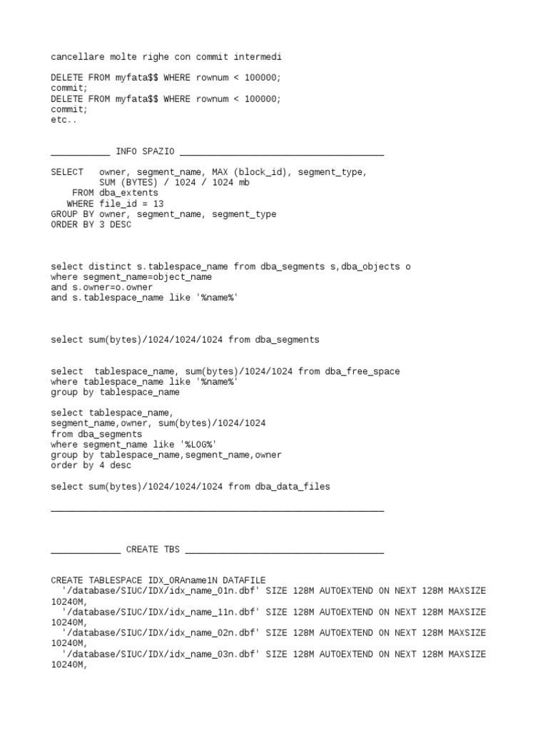 Recupero Spazio Tablespace Oracle | PDF | Database Index | Information ...