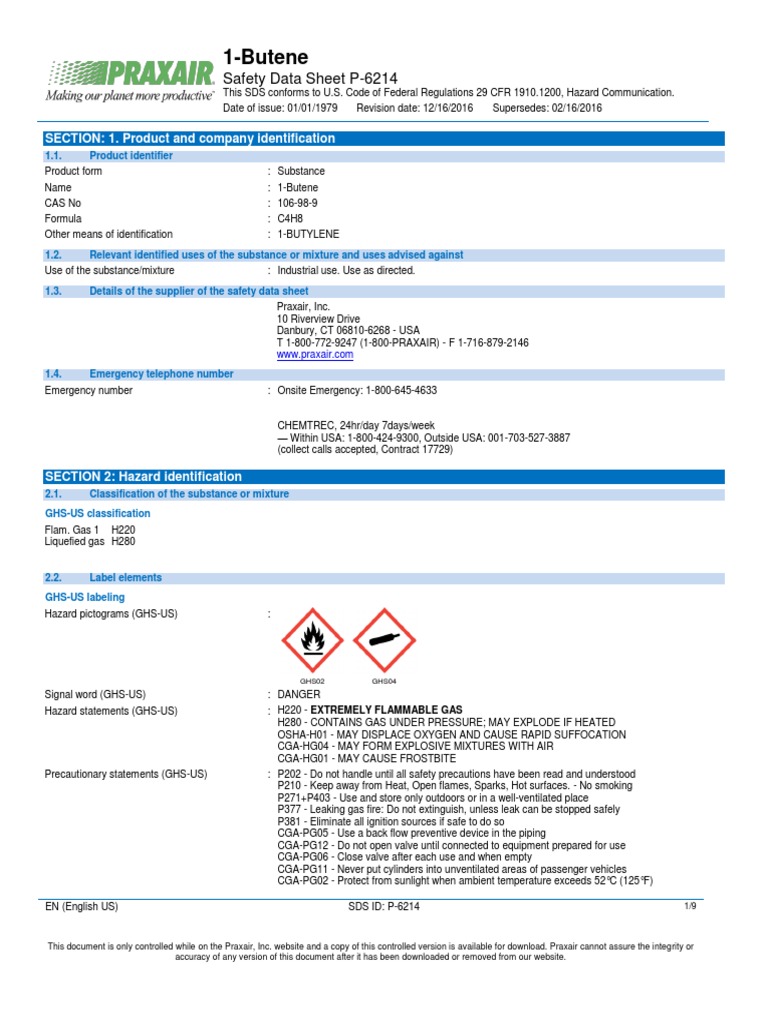 1-Butene Safety Data Sheet (SDS) P-6214 | PDF | Firefighting | Personal ...