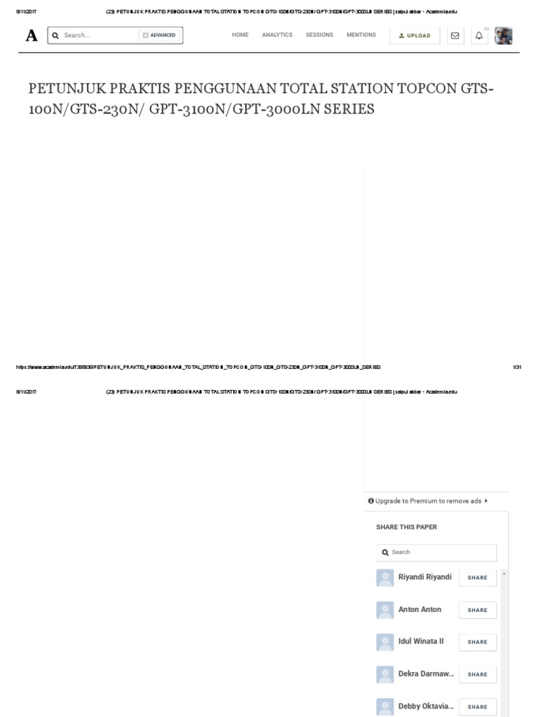 PETUNJUK PRAKTIS PENGGUNAAN TOTAL STATION TOPCON GTS-100N - GTS-230N - GPT-3100N - GPT-3000LN ...