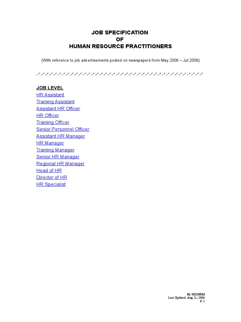 Job Specification OF Human Resource Practitioners | PDF | Human ...