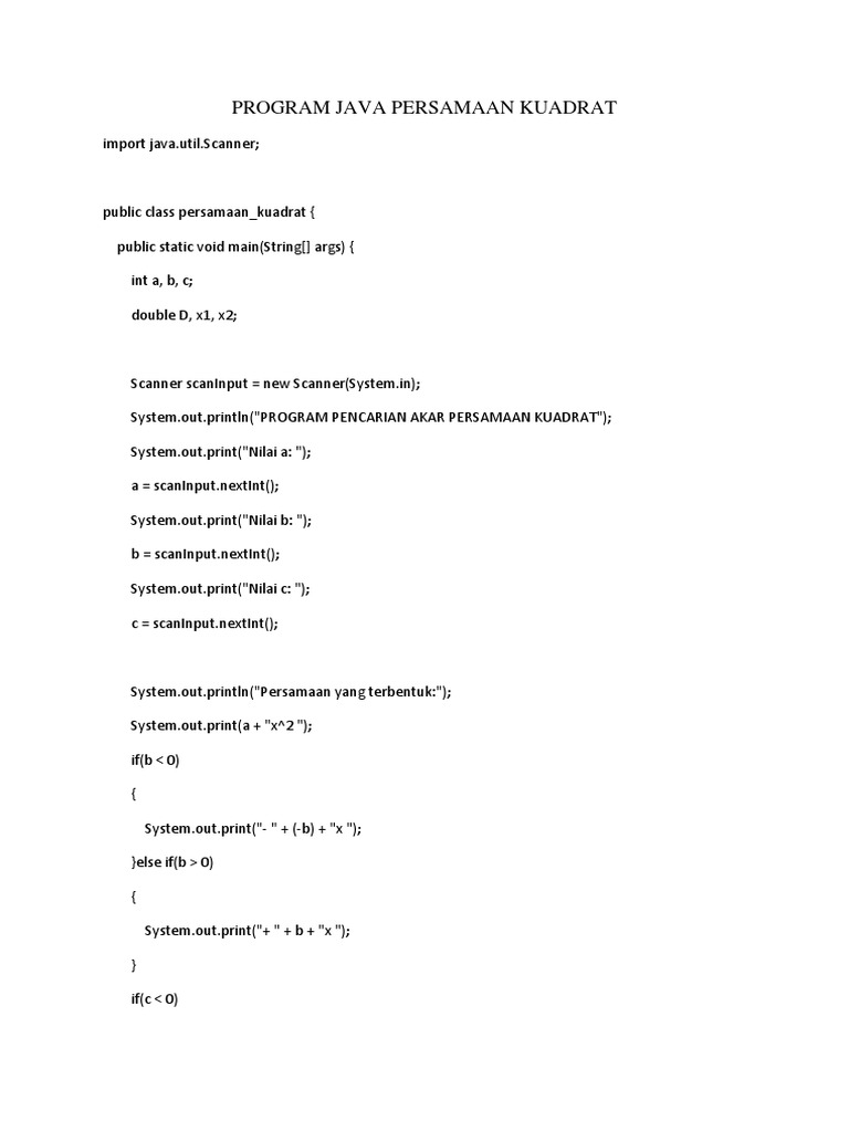 Program Java Persamaan Kuadrat | PDF | Computers