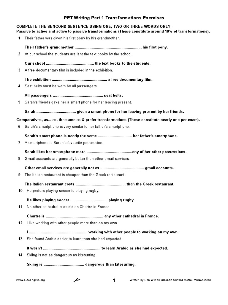 PET Writing Part 1 Transformation Exercises PDF | PDF