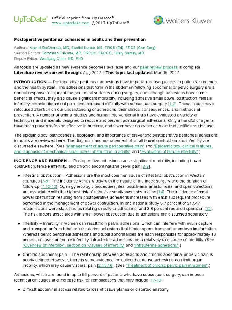 Postoperative Peritoneal Adhesions in Adults and Their Prevention ...