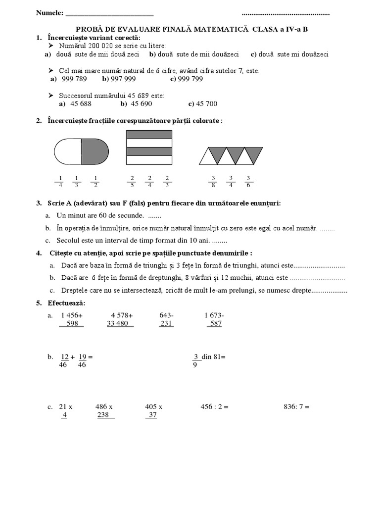 Test Final MatemATICA CLASA A IV A | PDF