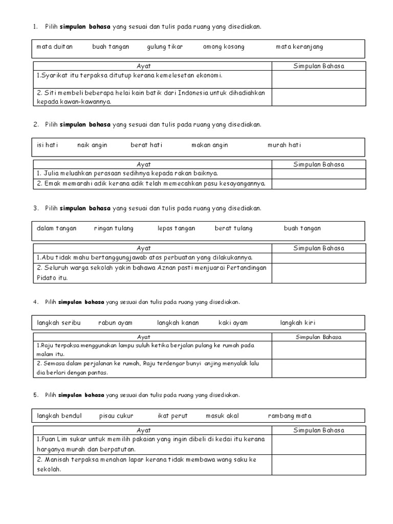 Pilih Simpulan Bahasa Yang Sesuai Dan Tulis Pada Ruang Yang Disediakan | PDF