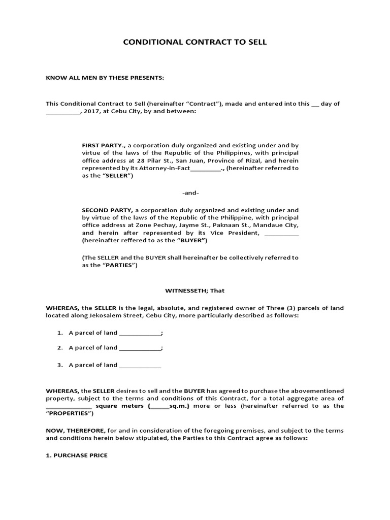 Conditional Contract To Sell Sample | Deed | Easement