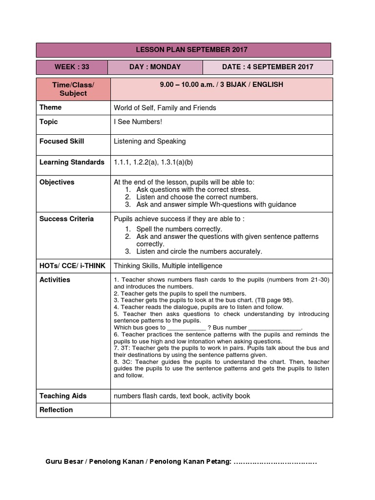 Week 33 English Lesson Plan: Numbers | PDF | Lesson Plan | Question