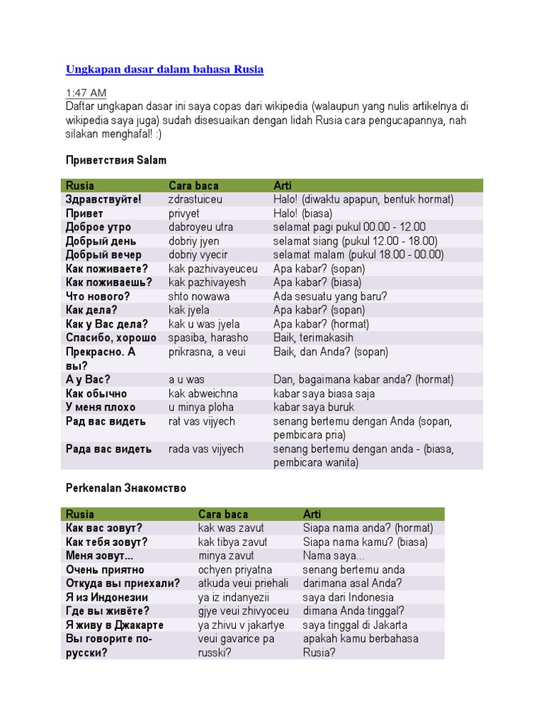 Ungkapan Dasar Dalam Bahasa Rusia | PDF