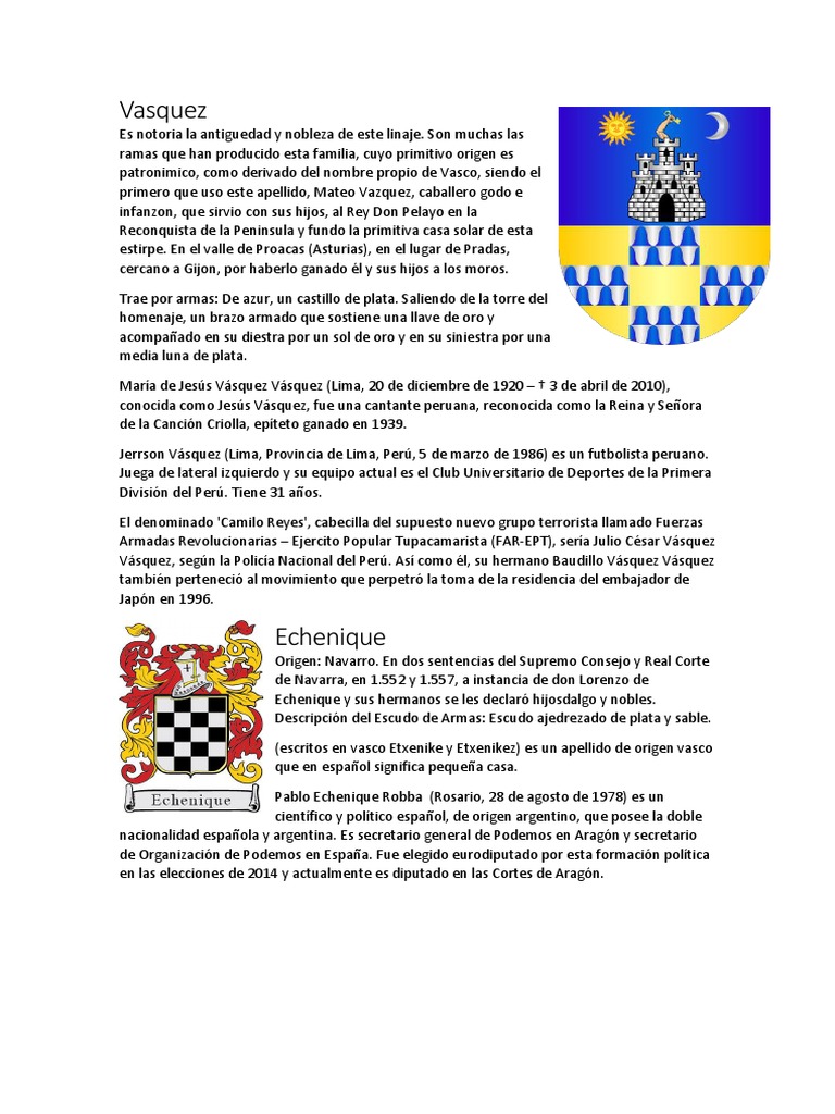 Escudo y origen del apellido Vásquez | PDF | Perú | España