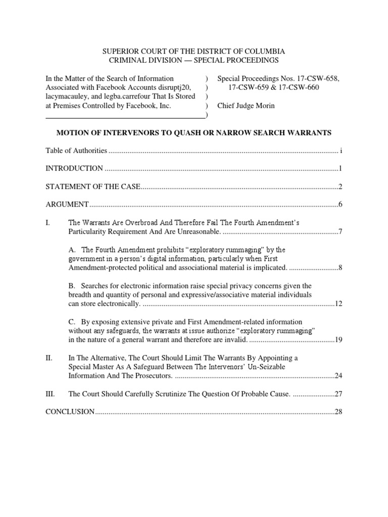 Motion To Quash Facebook Warrant | Fourth Amendment To The United ...