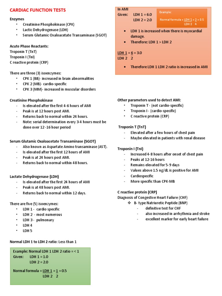 Cardiac Function Tests: Example: Normal Formula LDH 1 2 0.5 LDH 2 4 ...
